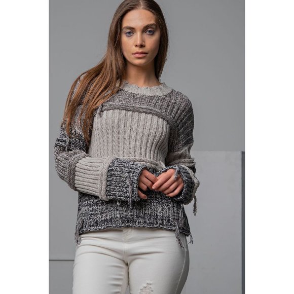 easel | Sweaters | Easel Ash Grey Color Blocked Fringe Detail Crew ...